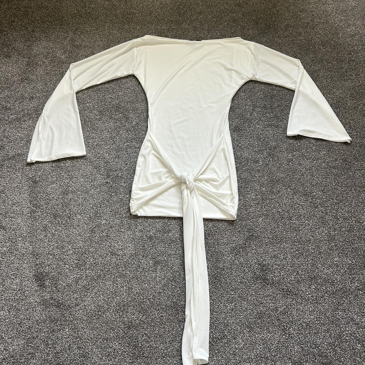 ego white long flared sleeve drape detail mini... | Depop