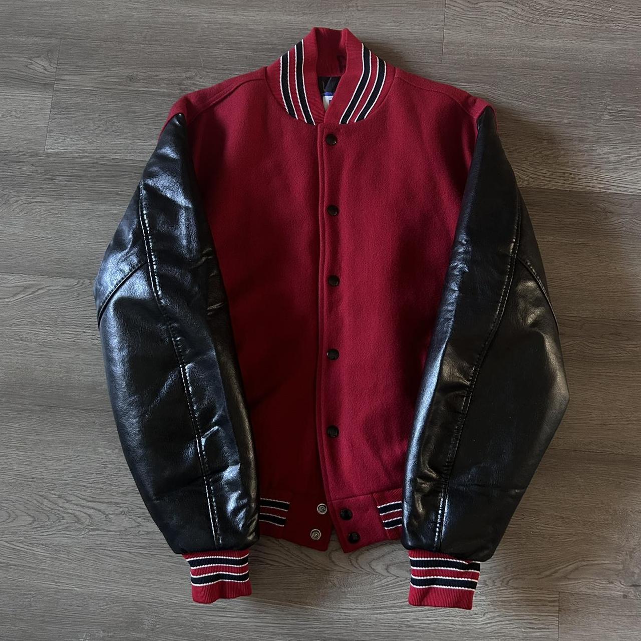 vintage blank varsity jacket red wool body with... - Depop