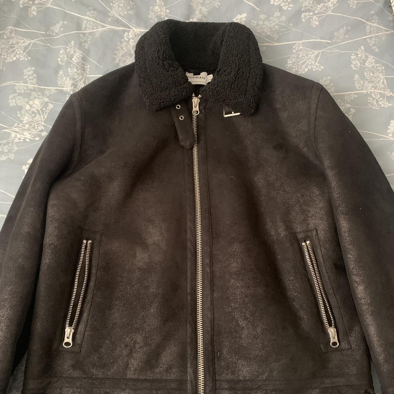 Topman Black Shearling Jacket XL Faux leather and... - Depop