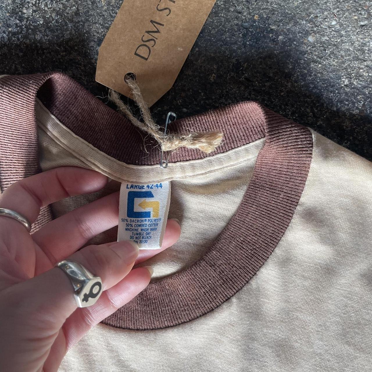 Vintage 80’s Tan Ringer Size M. Cotton poly... - Depop