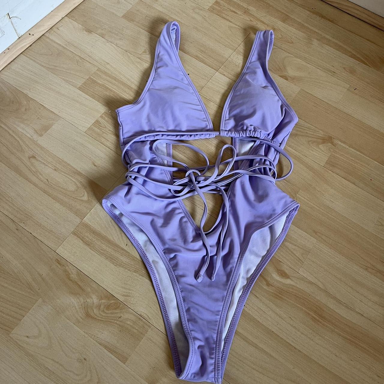 Lilac/purple shein tie string swimsuit Size... - Depop