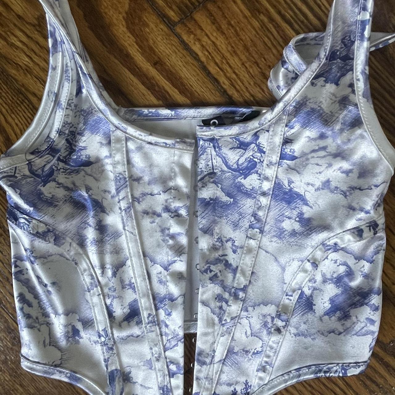 Motel rocks corset top, angelic design in light blue... - Depop