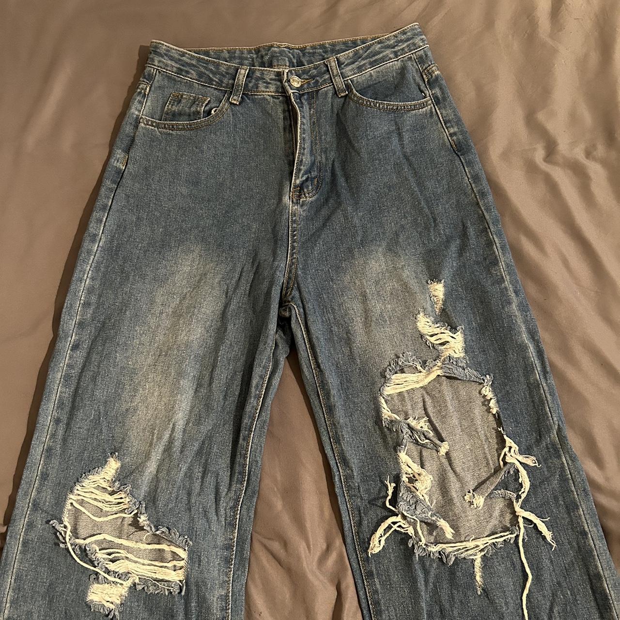 SHEIN blue distressed high waist wide leg/ flared... - Depop