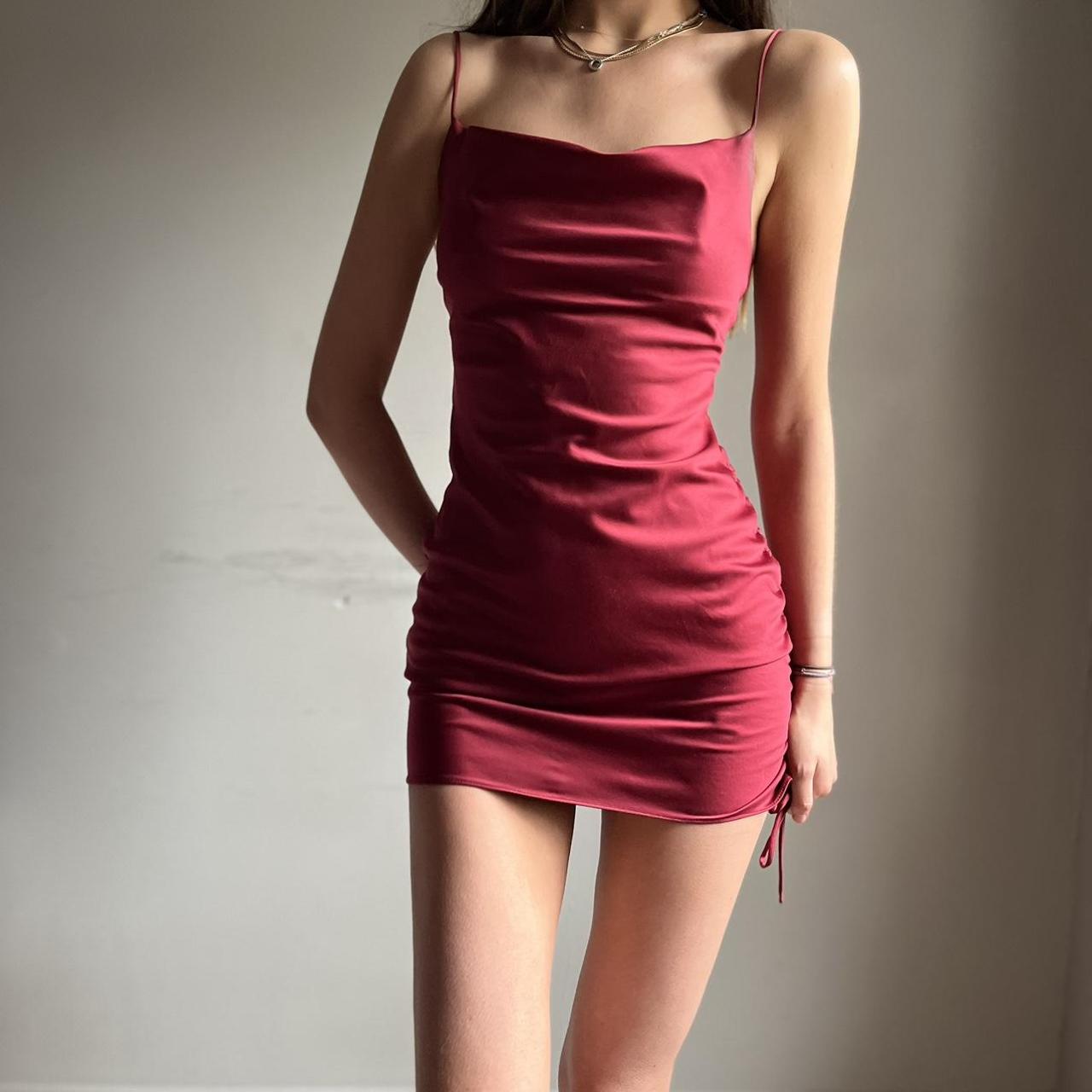 Red Satin Mini Dress With Ruching On The Side Depop
