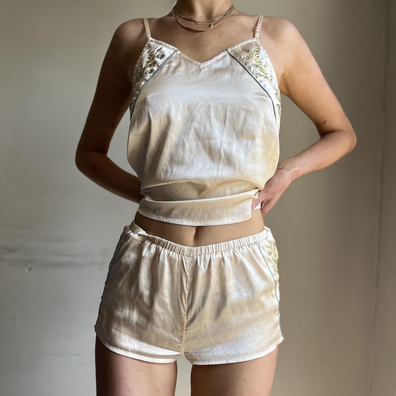 cream satin twinset pyjama co ord two piece satin... - Depop