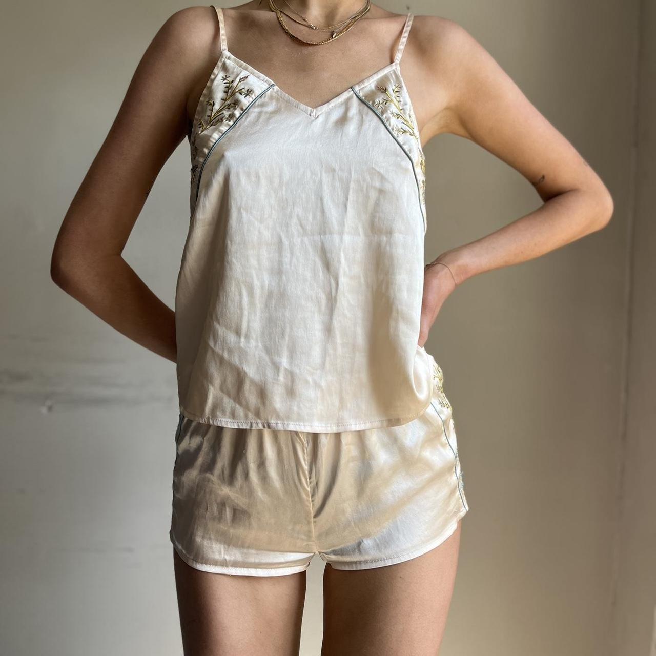 cream satin twinset pyjama co ord two piece satin... - Depop