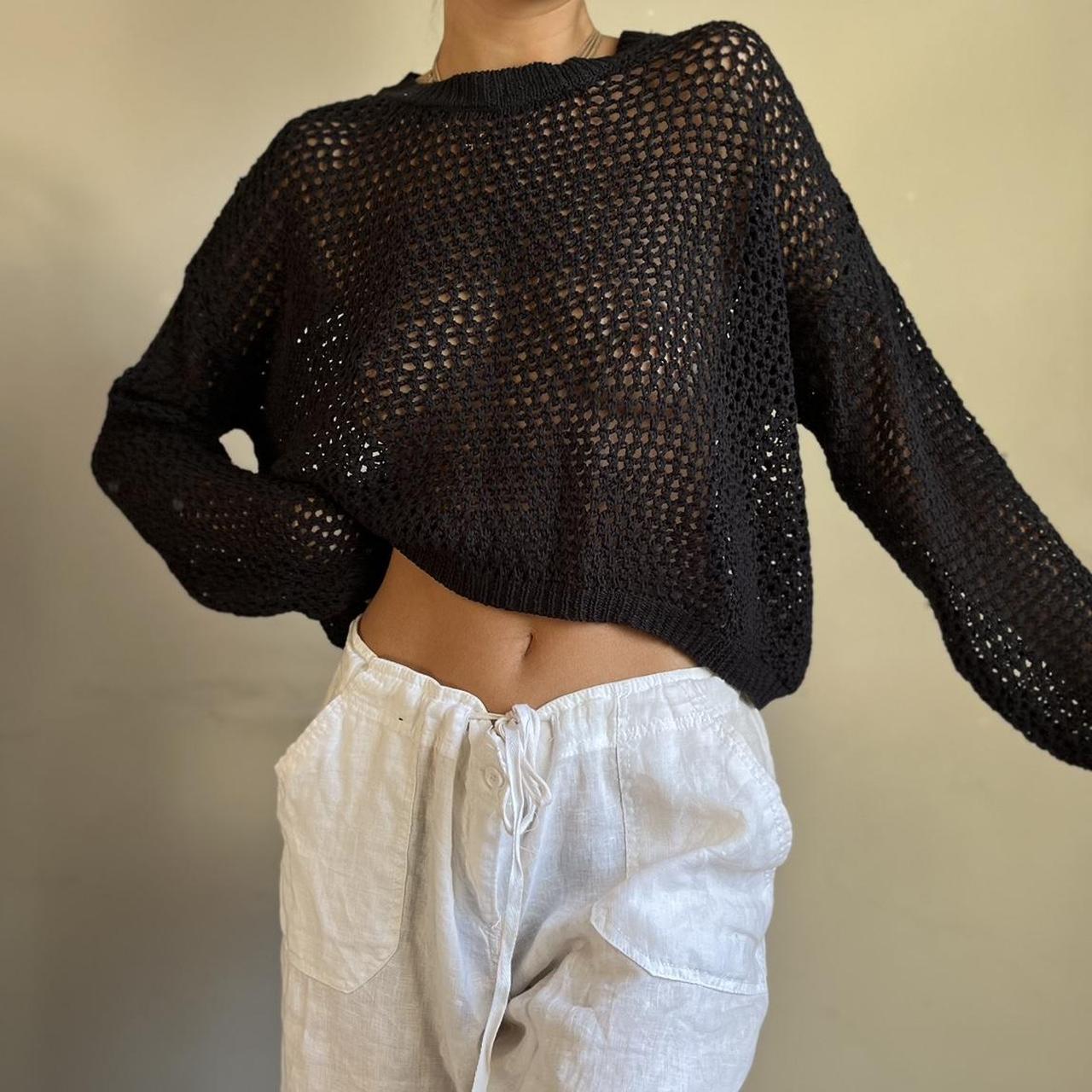 knitted black mesh long sleeved jumper - Depop