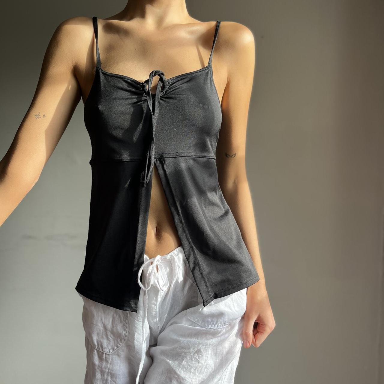 black slinky material cami strappy top - Depop