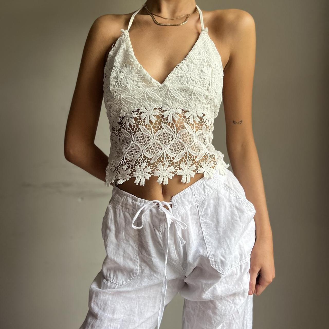 backless cream/ off white lace halterneck tie up top - Depop