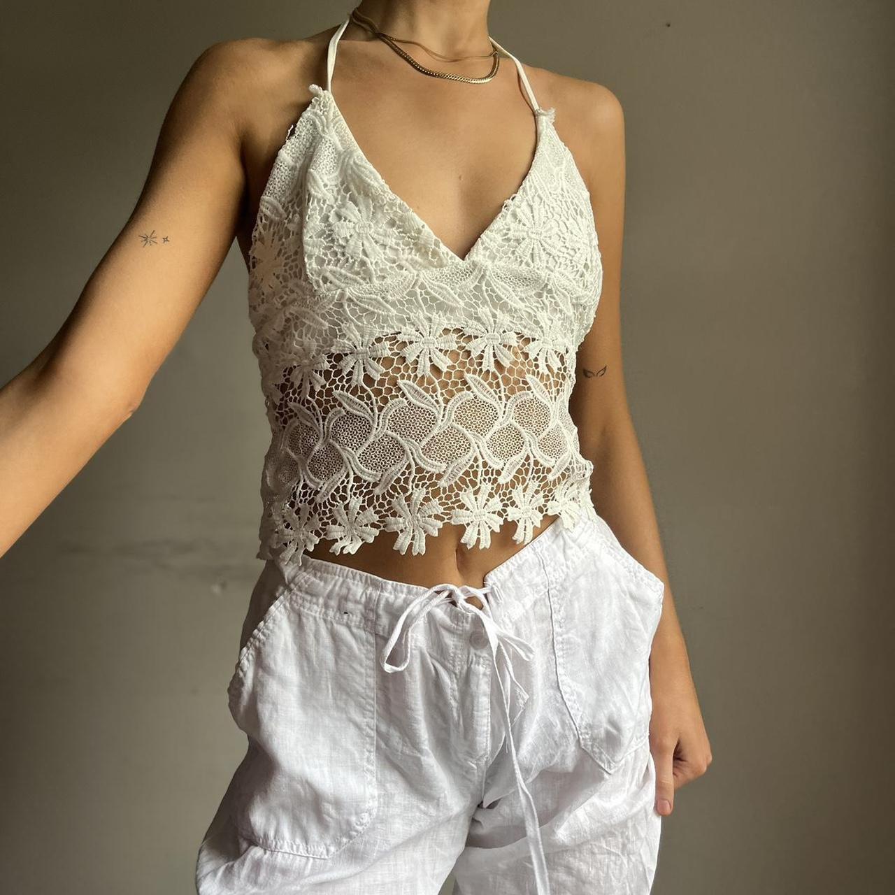 backless cream/ off white lace halterneck tie up top - Depop