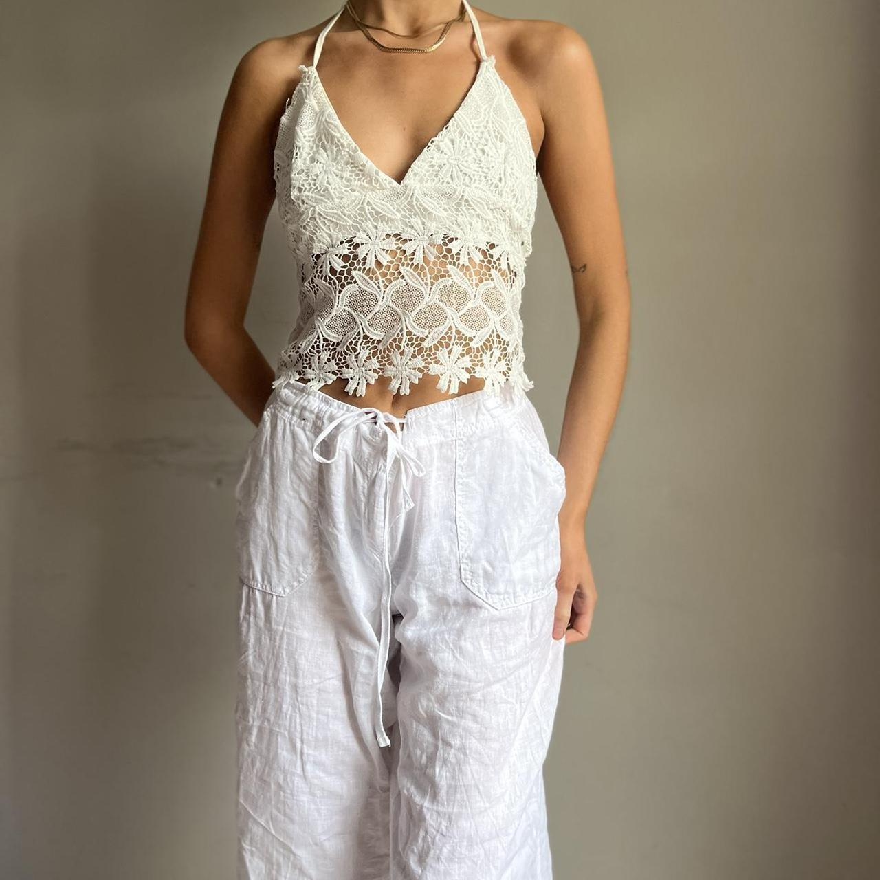 backless cream/ off white lace halterneck tie up top - Depop