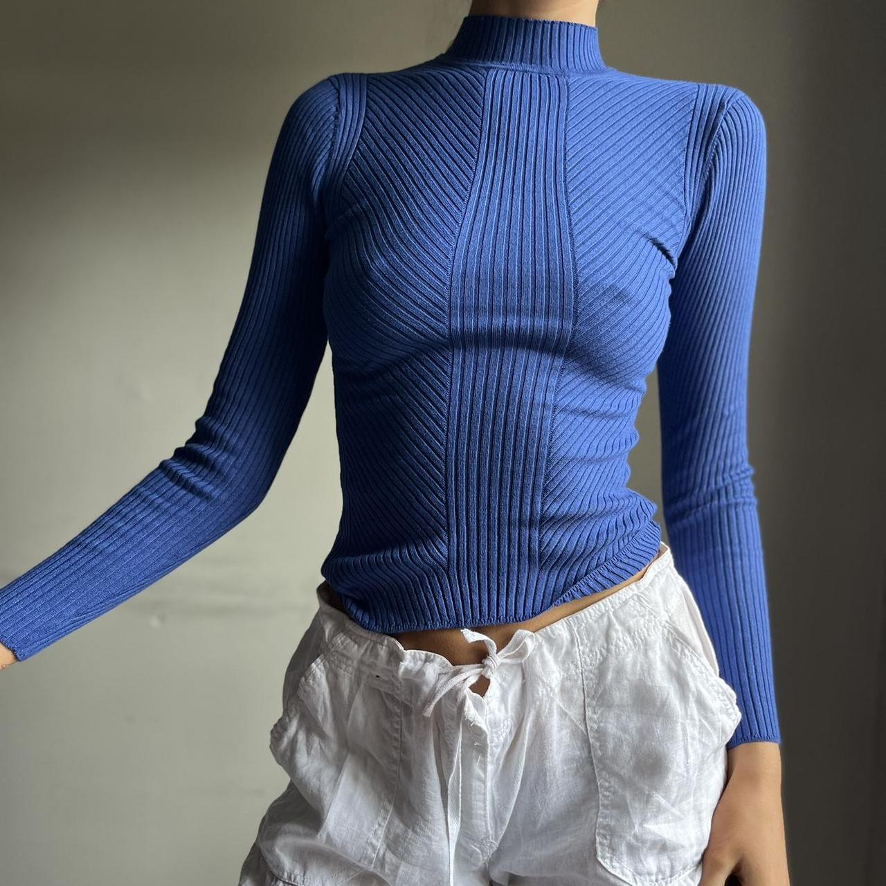 blue ribbed high neck long sleeved polo top - Depop