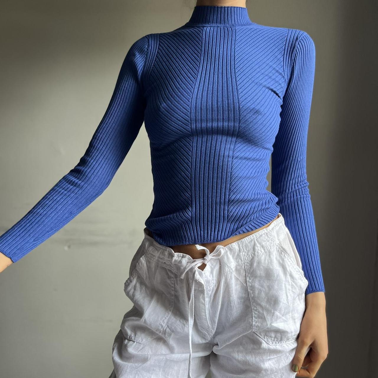 blue ribbed high neck long sleeved polo top - Depop