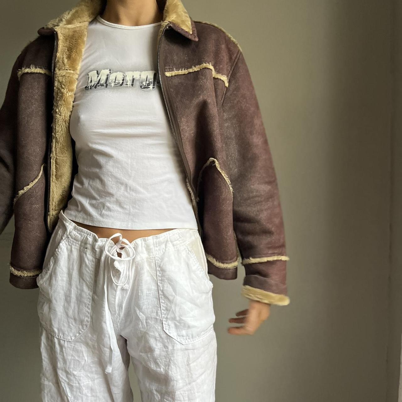 mexx brown afghan chunky fur trimmed jacket coat - Depop