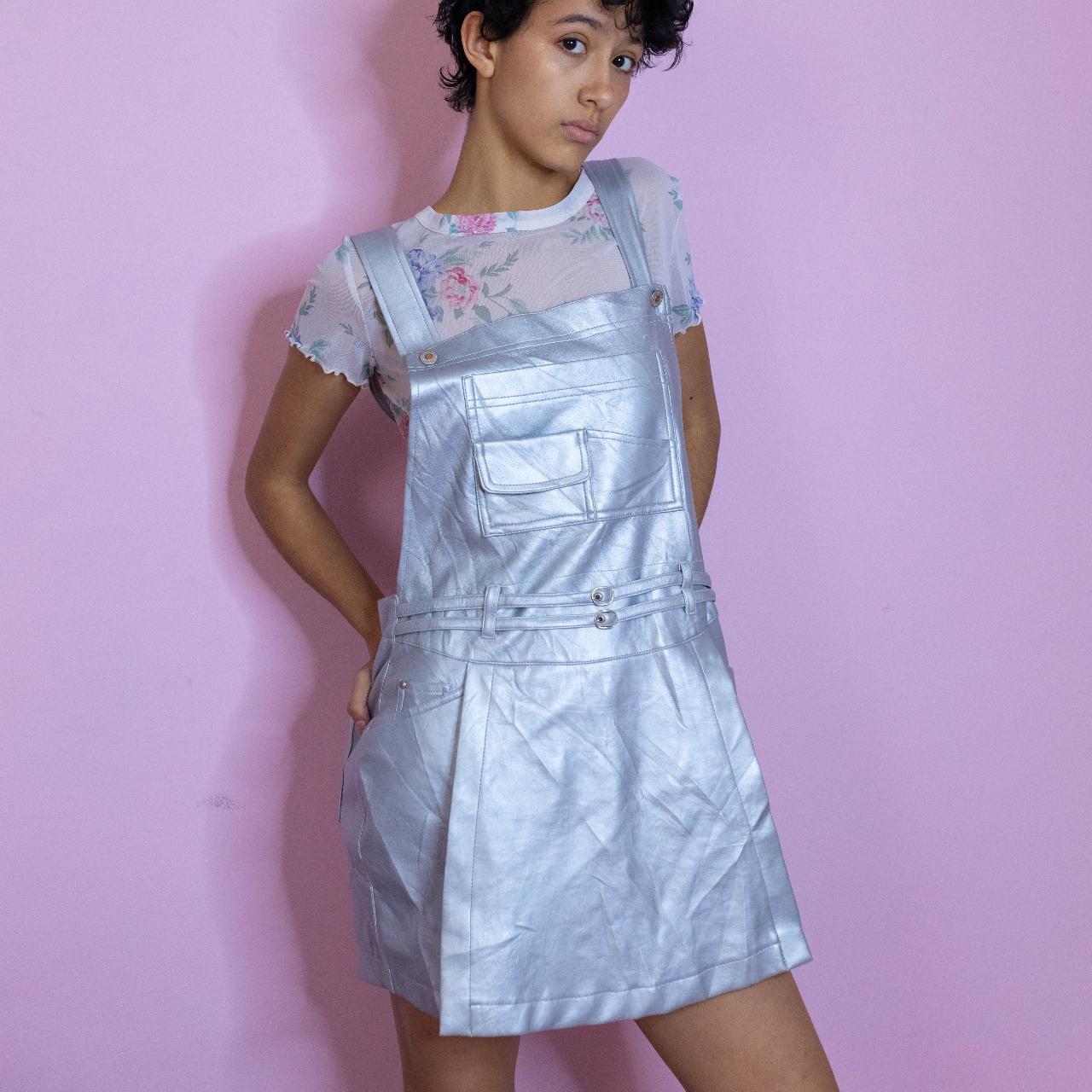 Space babe vintage y2k raver silver PU overall dress... - Depop