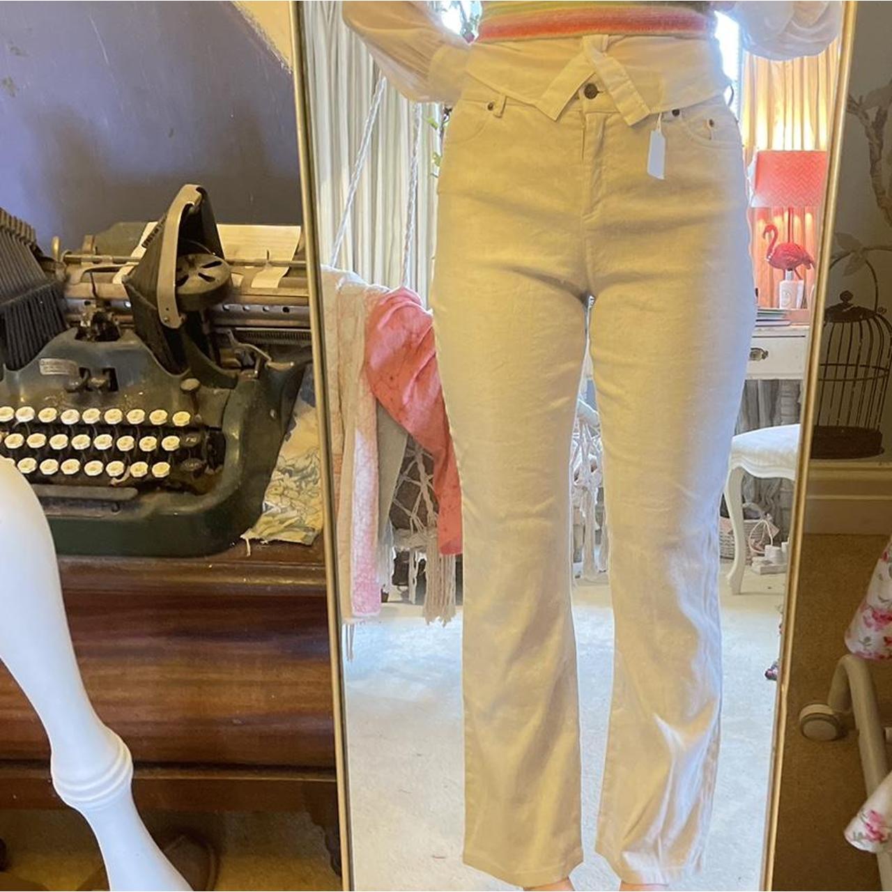 Vintage 90s flared straight leg beige white cotton... - Depop