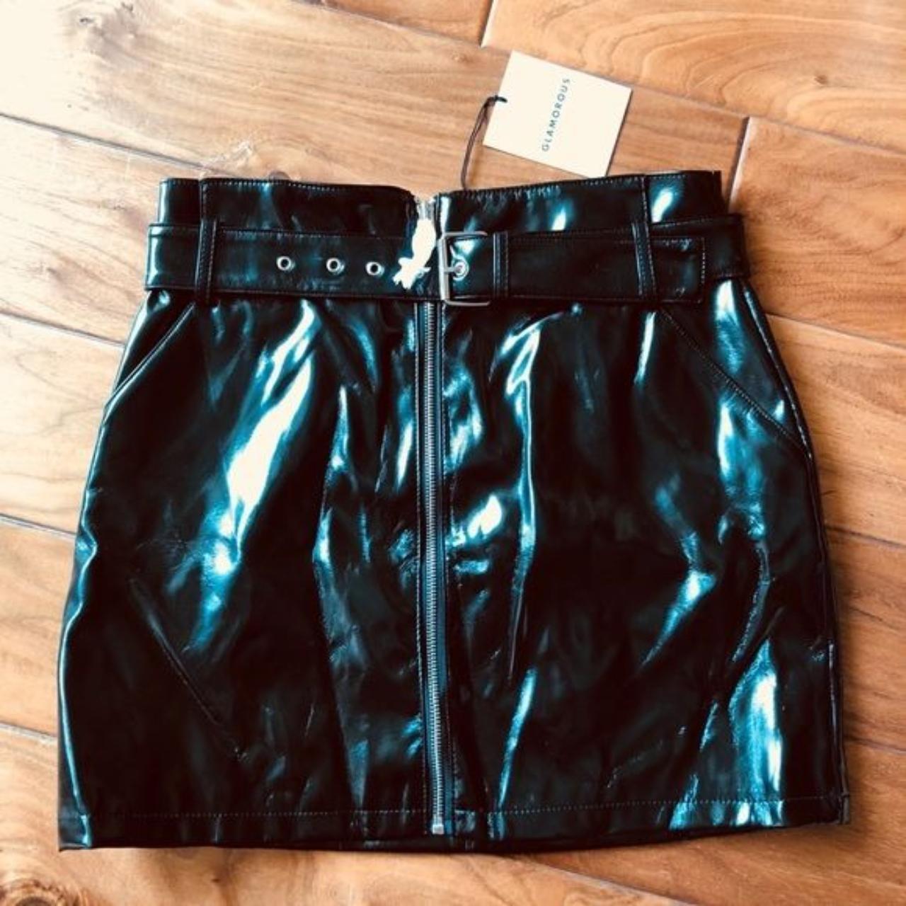 Black patent vinyl skirt (mini) Zipper and belt at... - Depop
