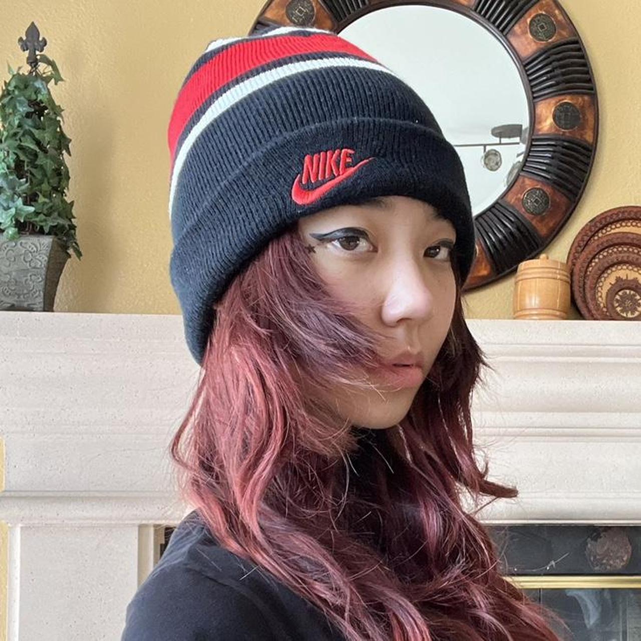 y2k black red white striped Nike sb knit beanie... - Depop