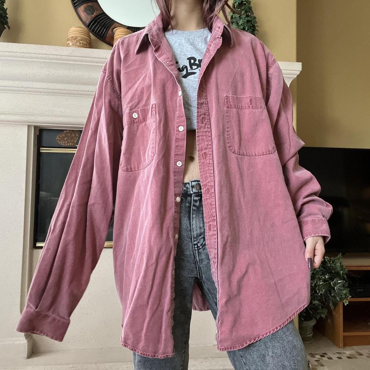 Vintage 90s acid wash red denim chambray button up... - Depop