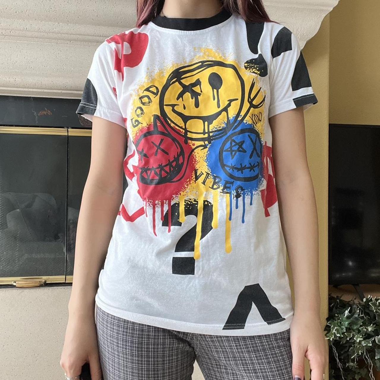 Early 2000s all over print Devil smiley face graphic... - Depop