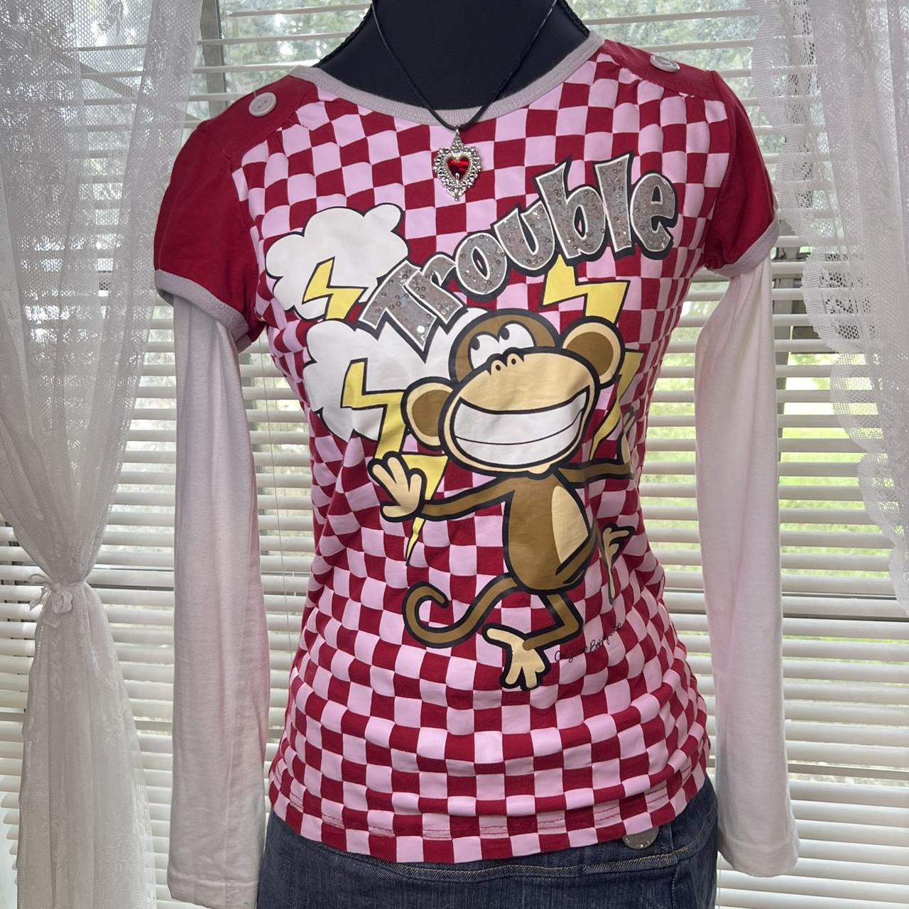 Y2K red and white Bobby Jack top with monkey graphic... | Depop