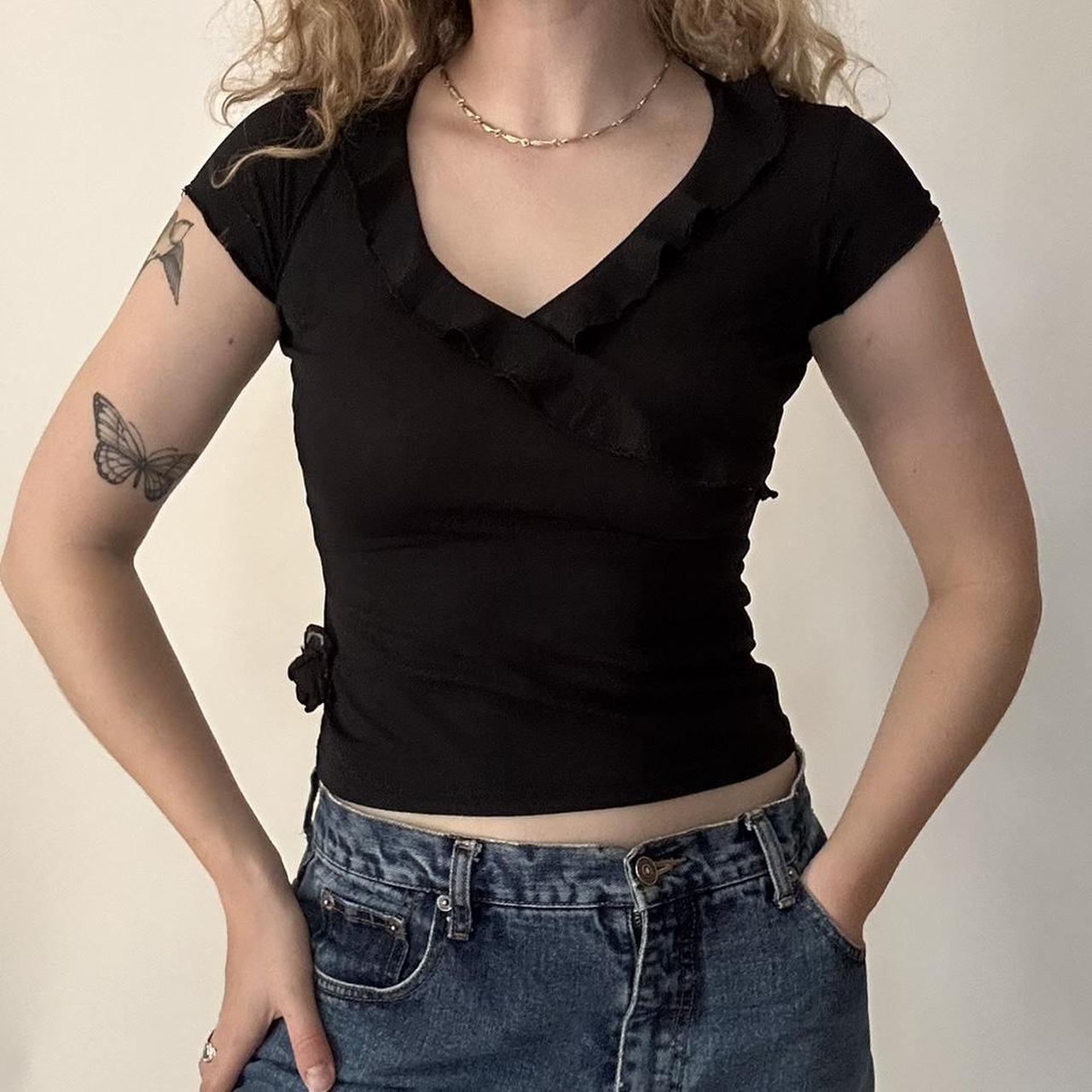 90s mesh ruffled blouse rosette on side - Depop