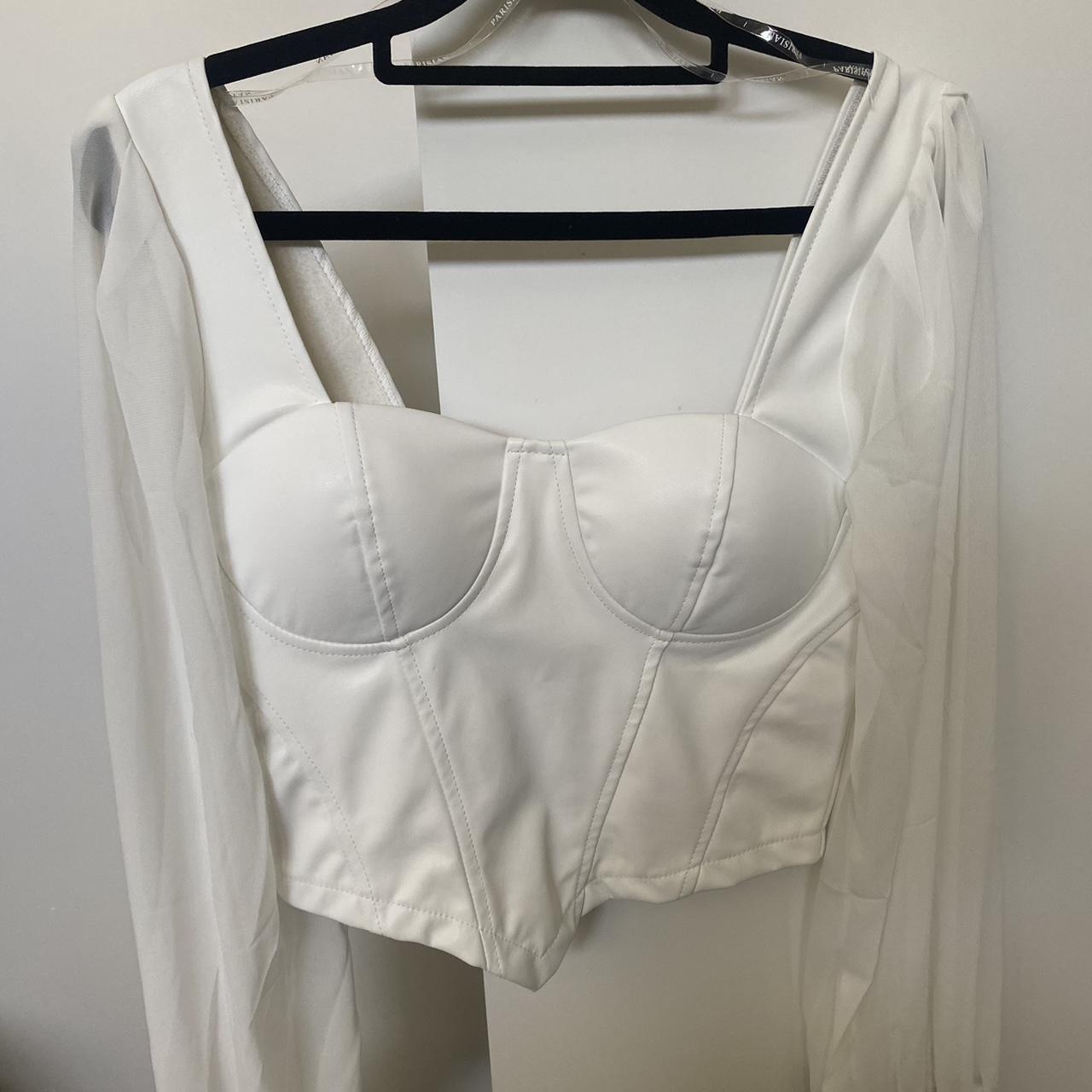 White leather with mesh long sleeve top Bought on... - Depop