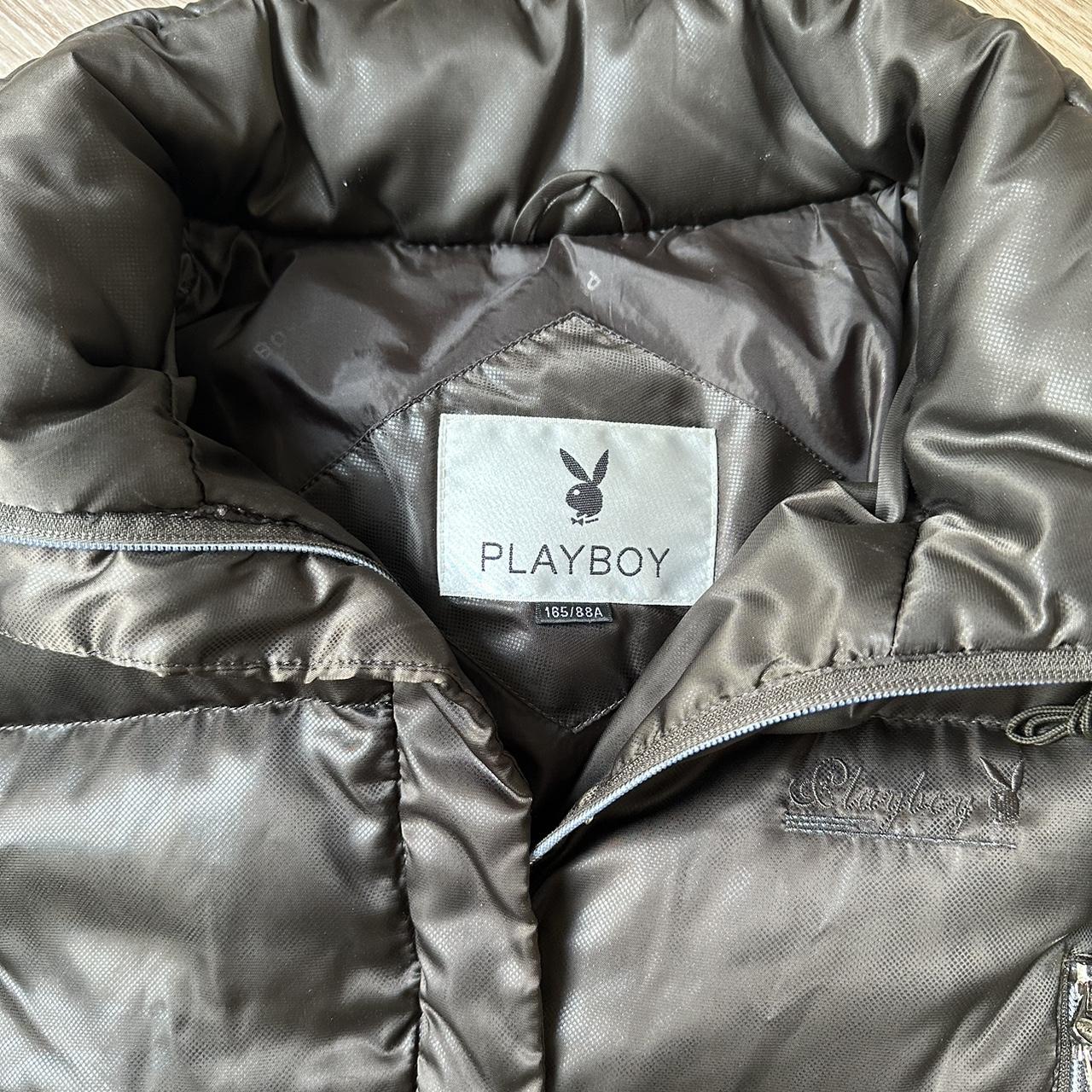 Vintage Brown Playboy Puffer Jacket with Hidden... - Depop