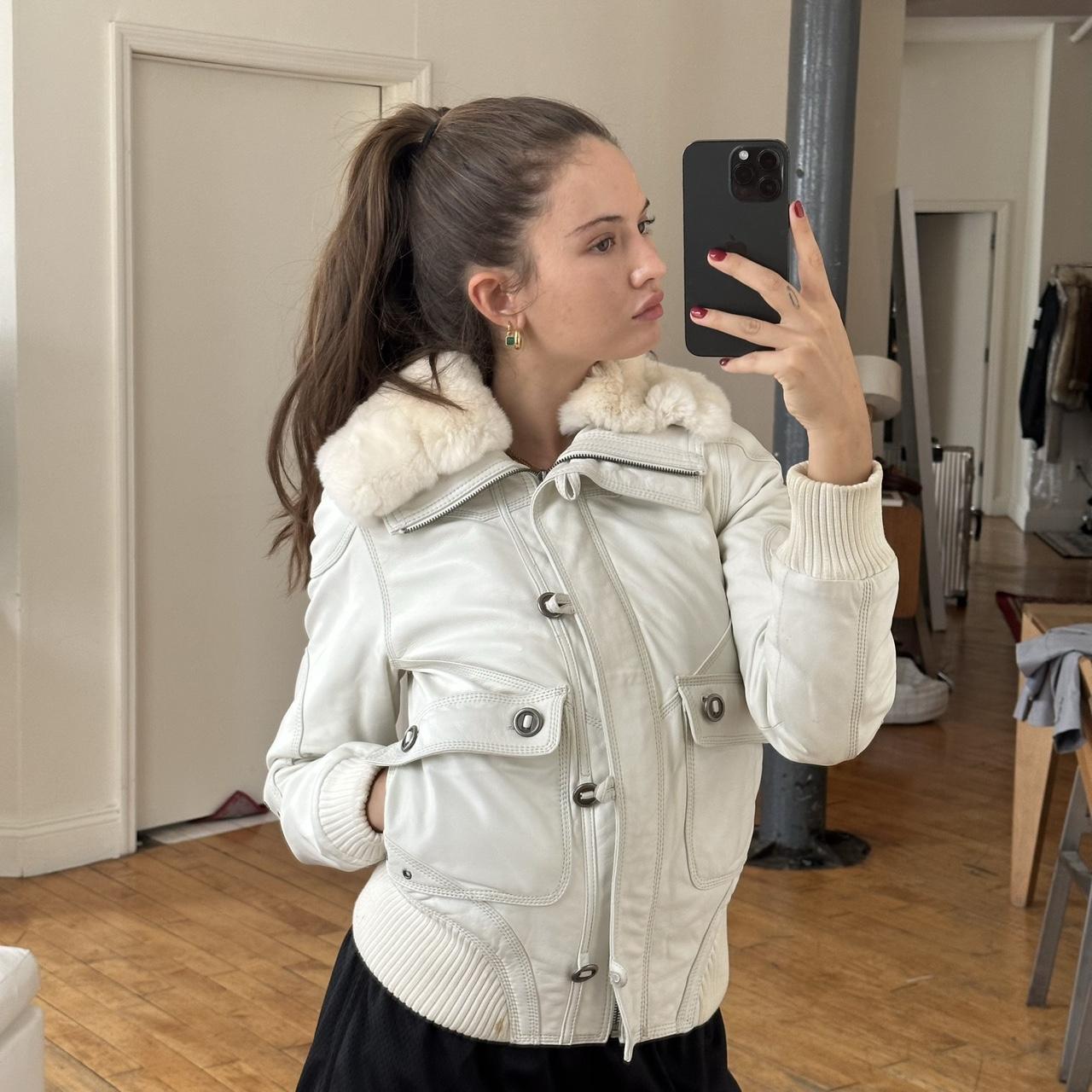white leather jacket with fur neck - Depop