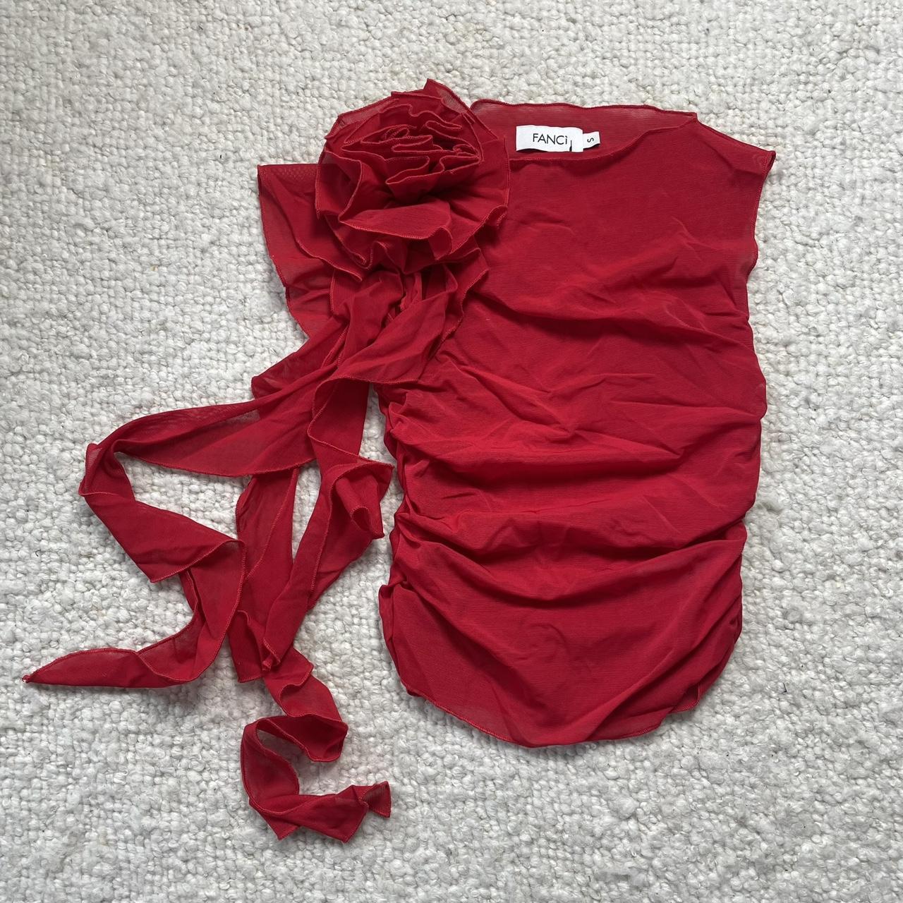 fanci club red ruched tube top with flower detail on... - Depop