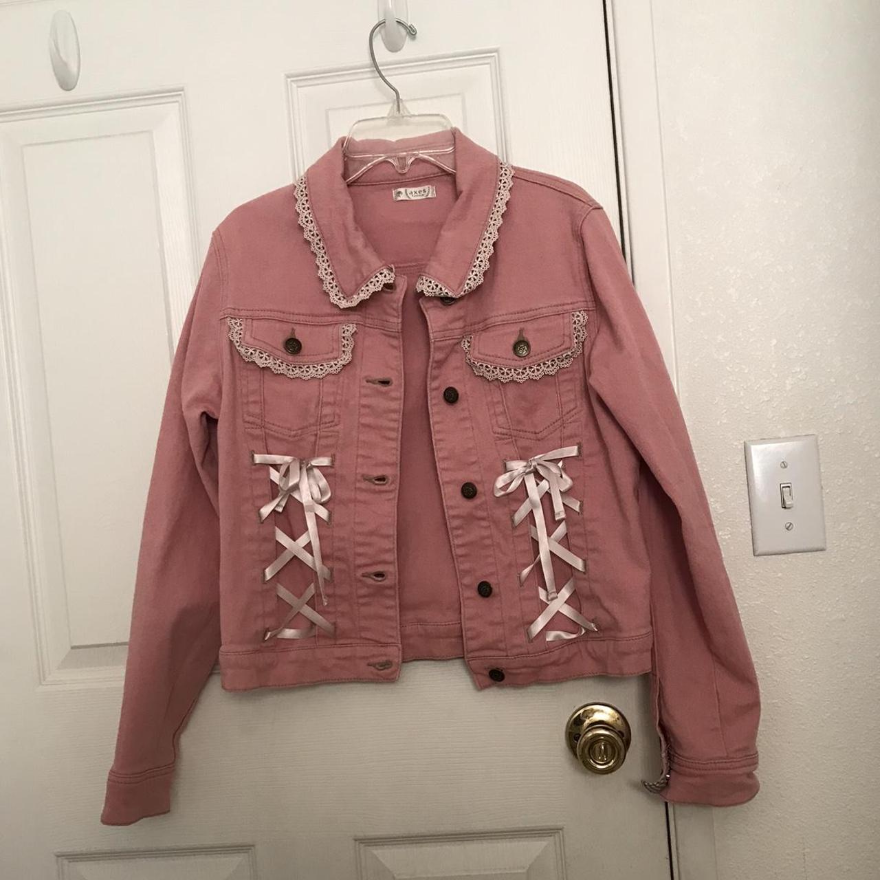 axes femme ribbon pink denim jacket — size... - Depop
