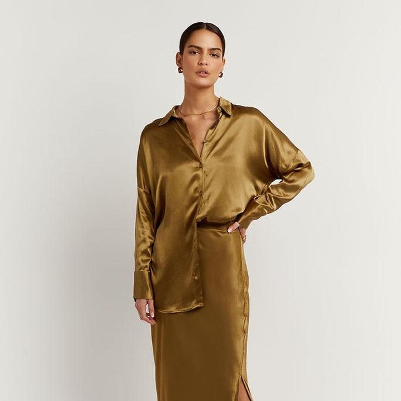 DISSH simone chartreuse satin shirt aus size 16 -... - Depop