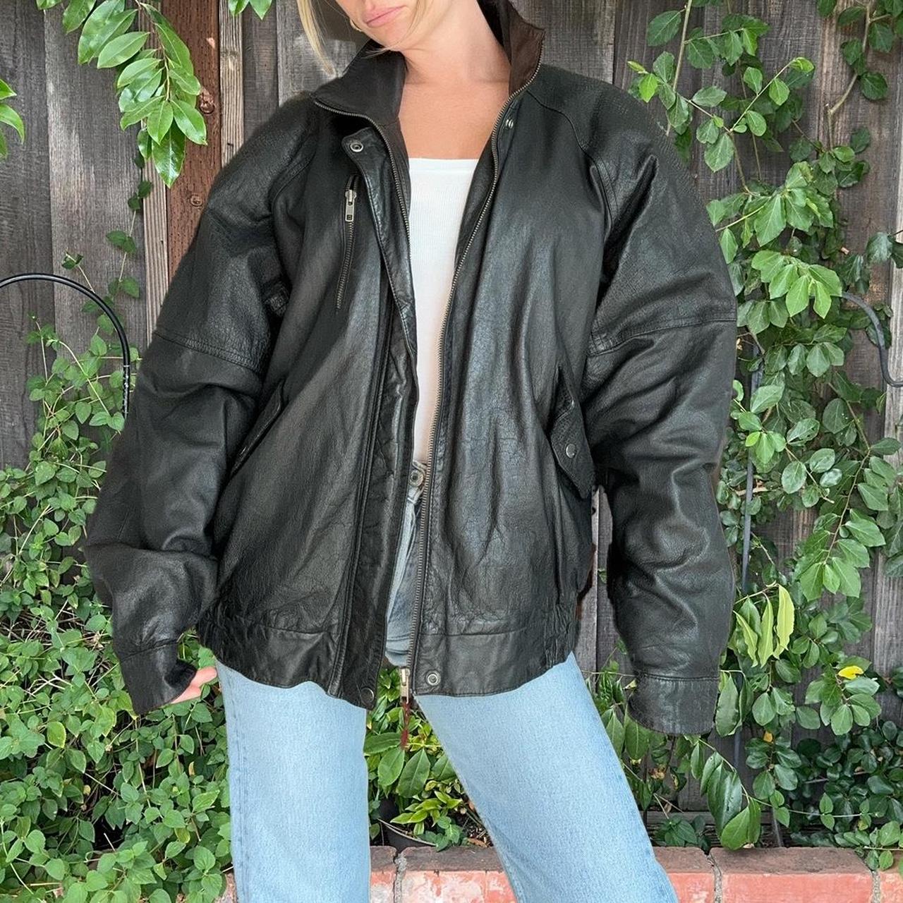 Vintage oversized black leather bomber jacket... - Depop