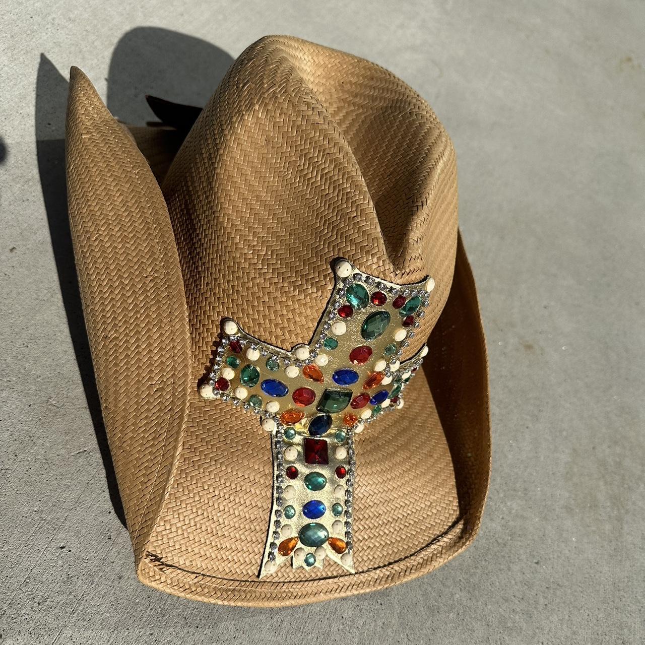 Tan Bejewled Cross Cowboy Hat One Size Fits All... - Depop