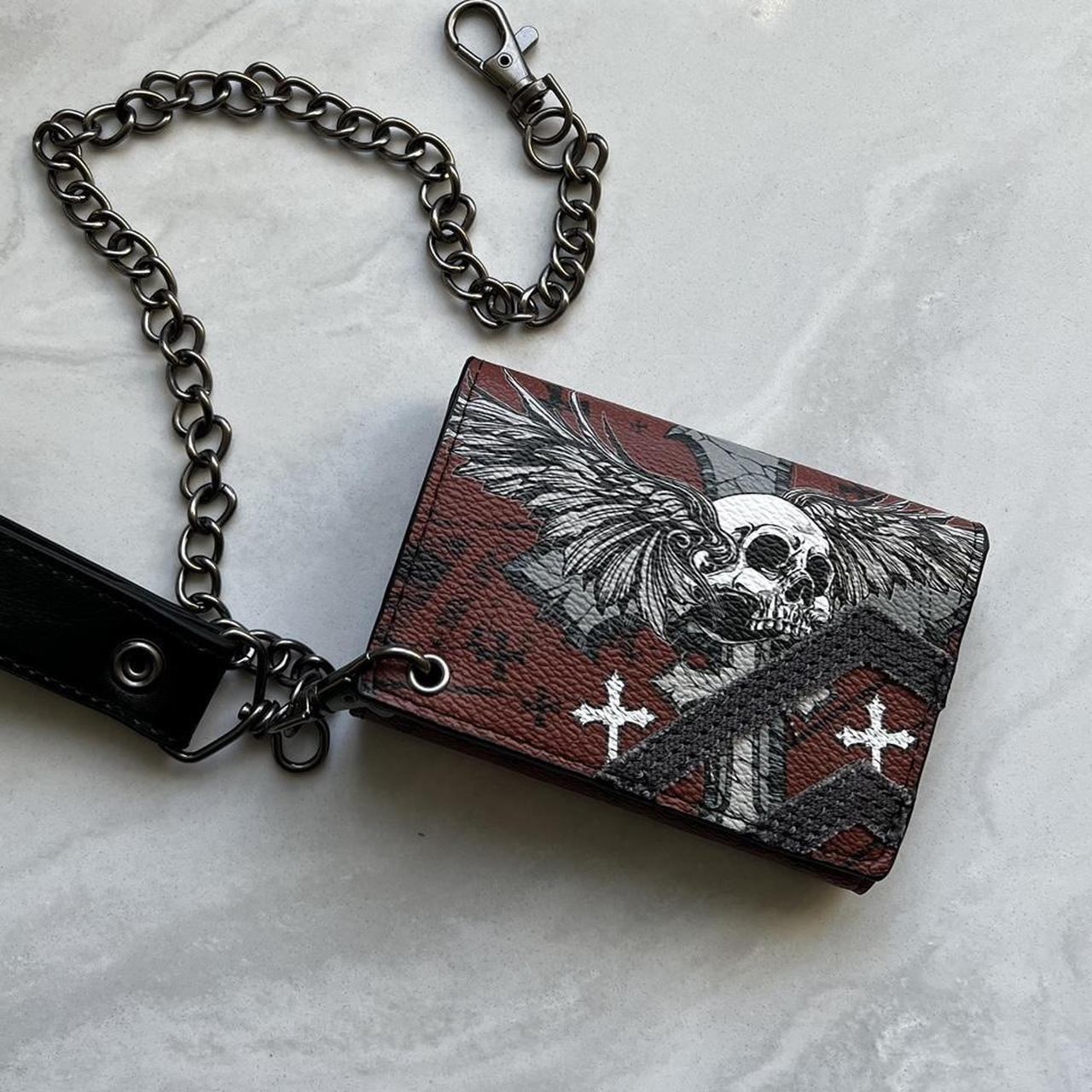 Goth Punk Emo Maroon Skull 3 Fold Wallet & Chain... - Depop