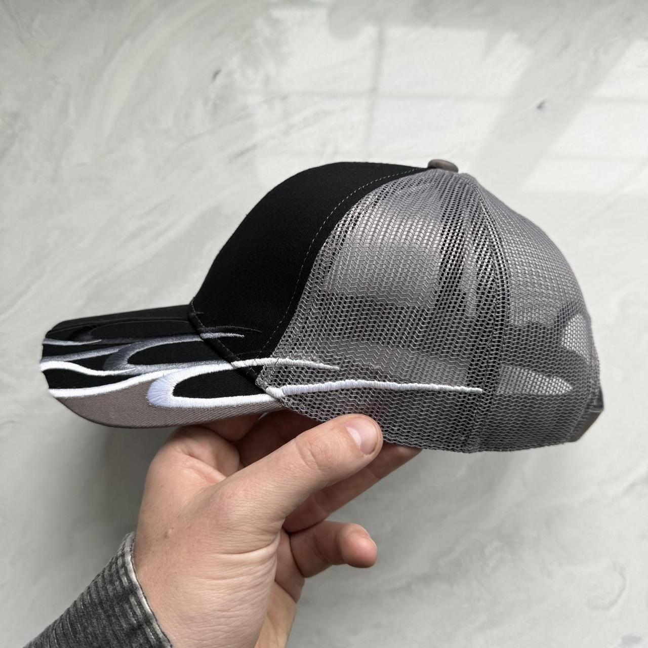 Black and Grey Embroidered Flame Trucker Hat Size:... - Depop
