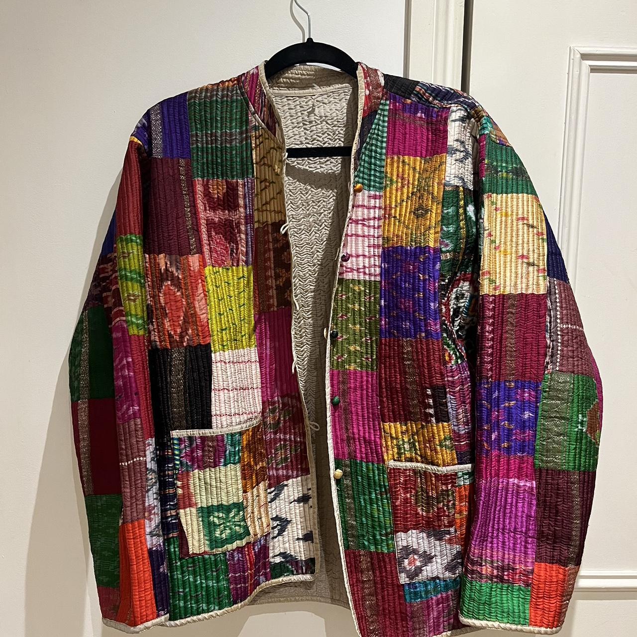 Patchwork multicoloured reversible jacket! Size... - Depop