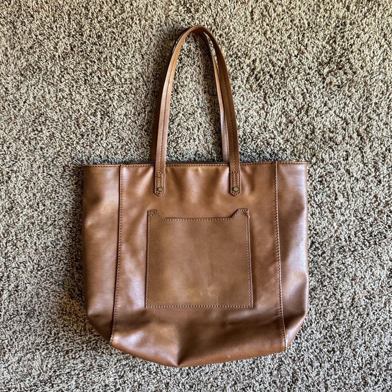 brown pleather tote bag good condition, see photos... - Depop