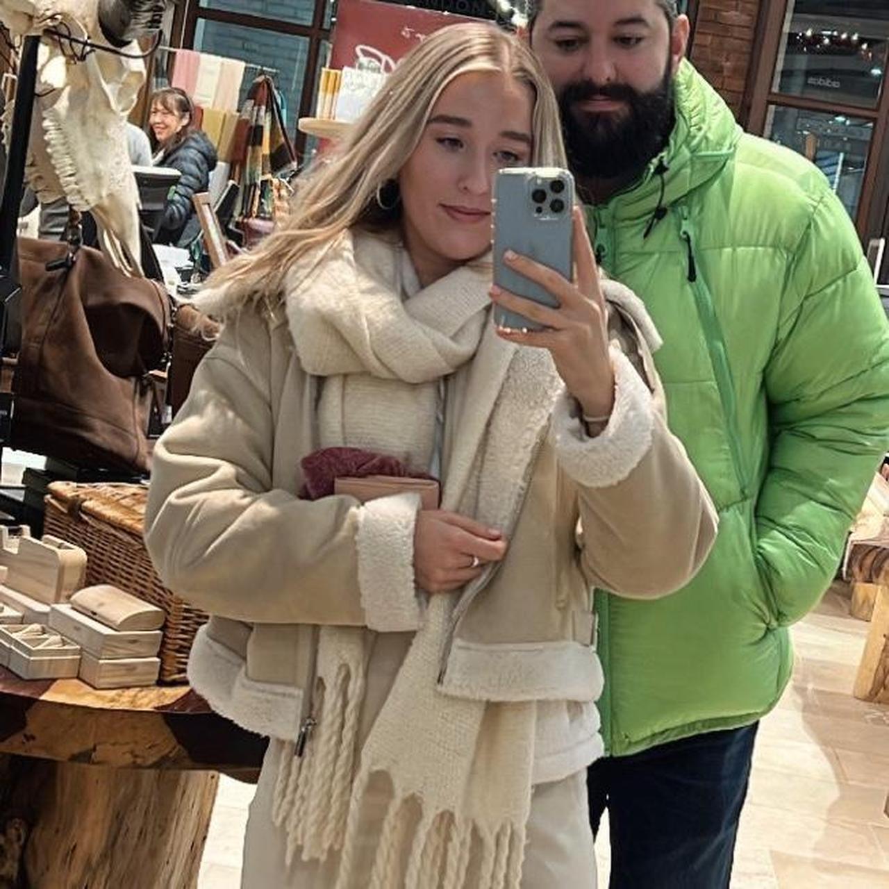 zara aviator cream borg jacket size large but comes... - Depop