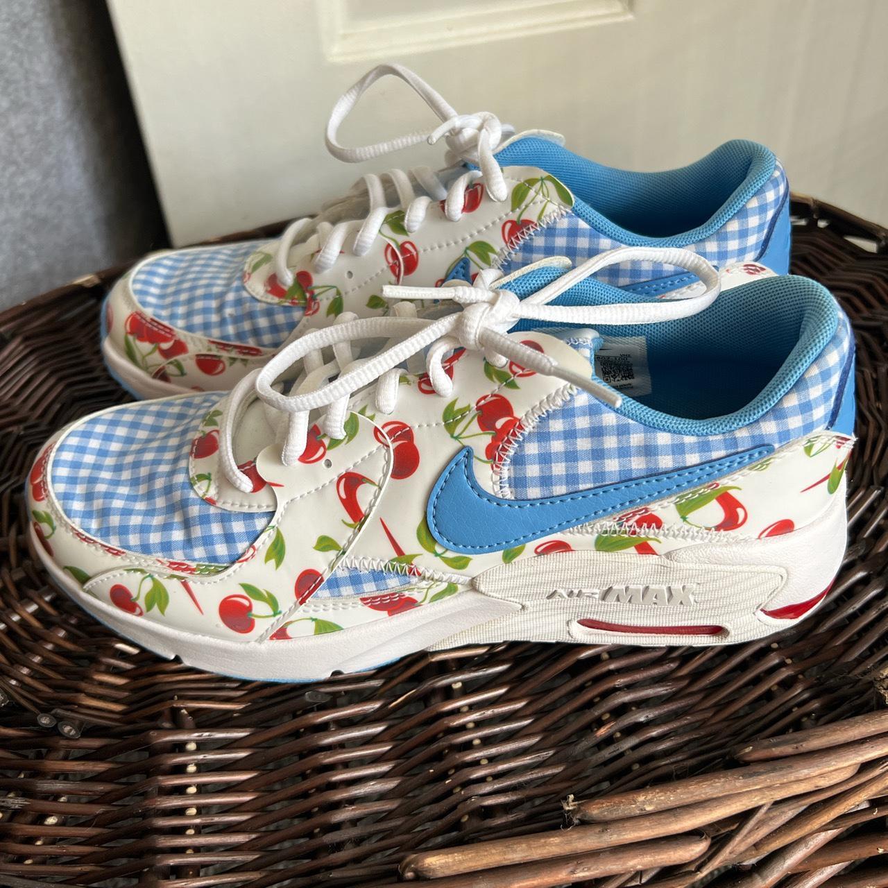 blue gingaham & cherry cottage core nike air... - Depop