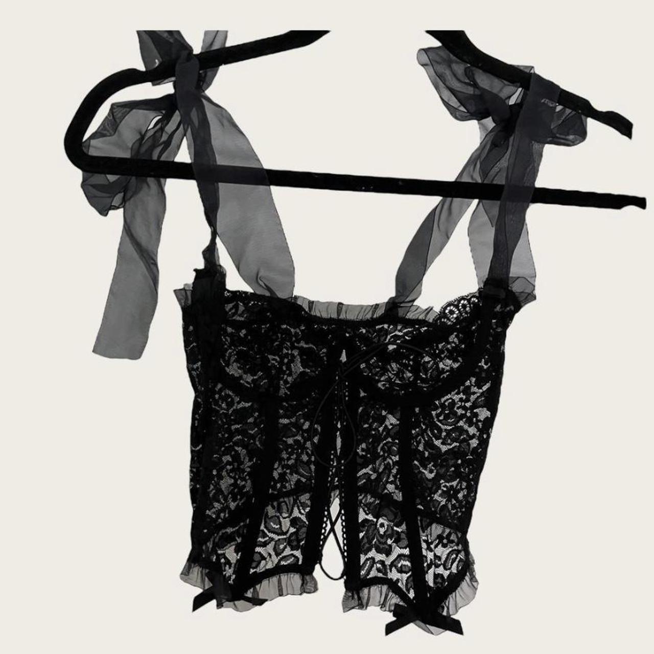 Black sheer corset top with ribbons Worn once, loved... - Depop