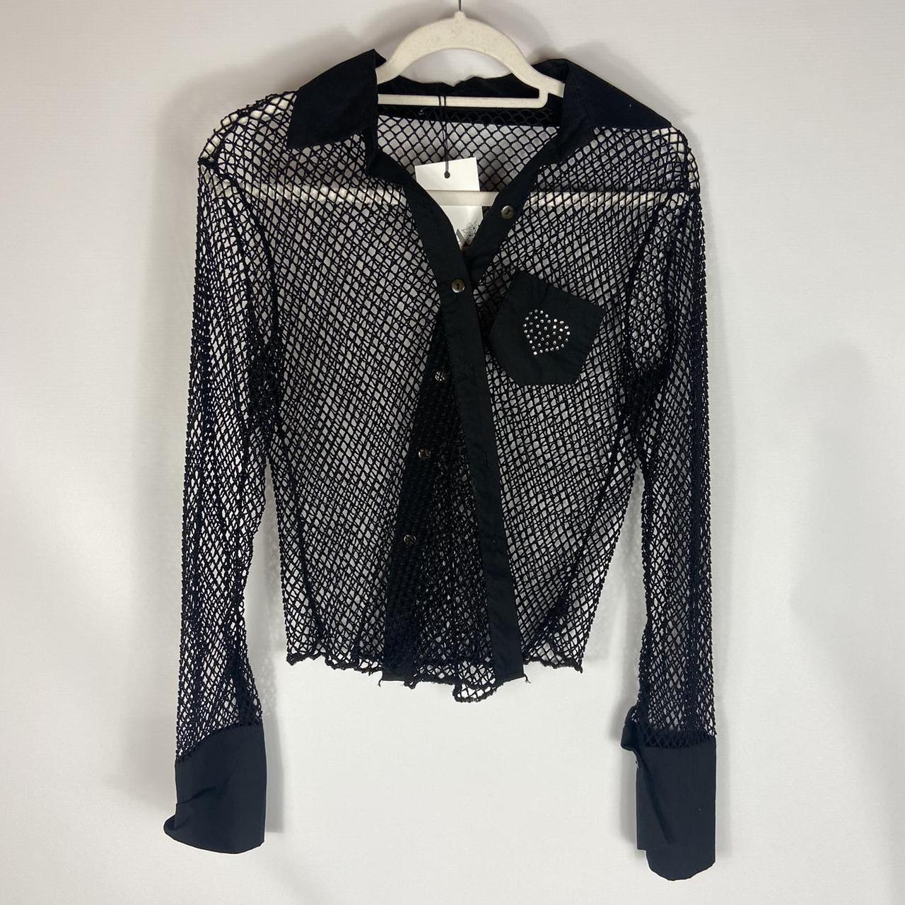 Black mesh fishnet shirt top Diamanté heart... - Depop