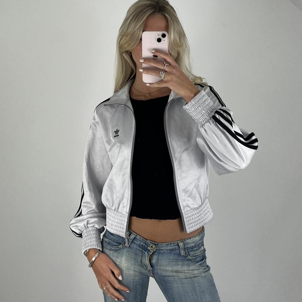 Adidas silver shiny track top zip up with ruched... - Depop