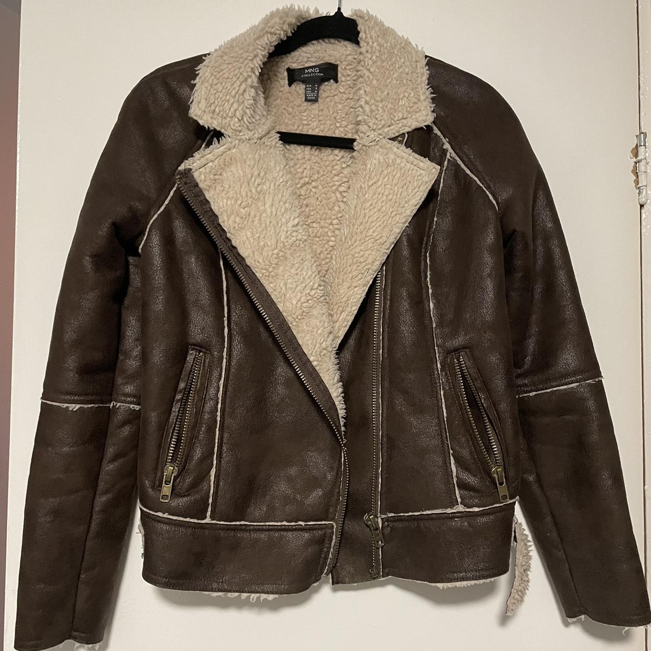 Brown and cream aviator jacket with faux fur lining... - Depop