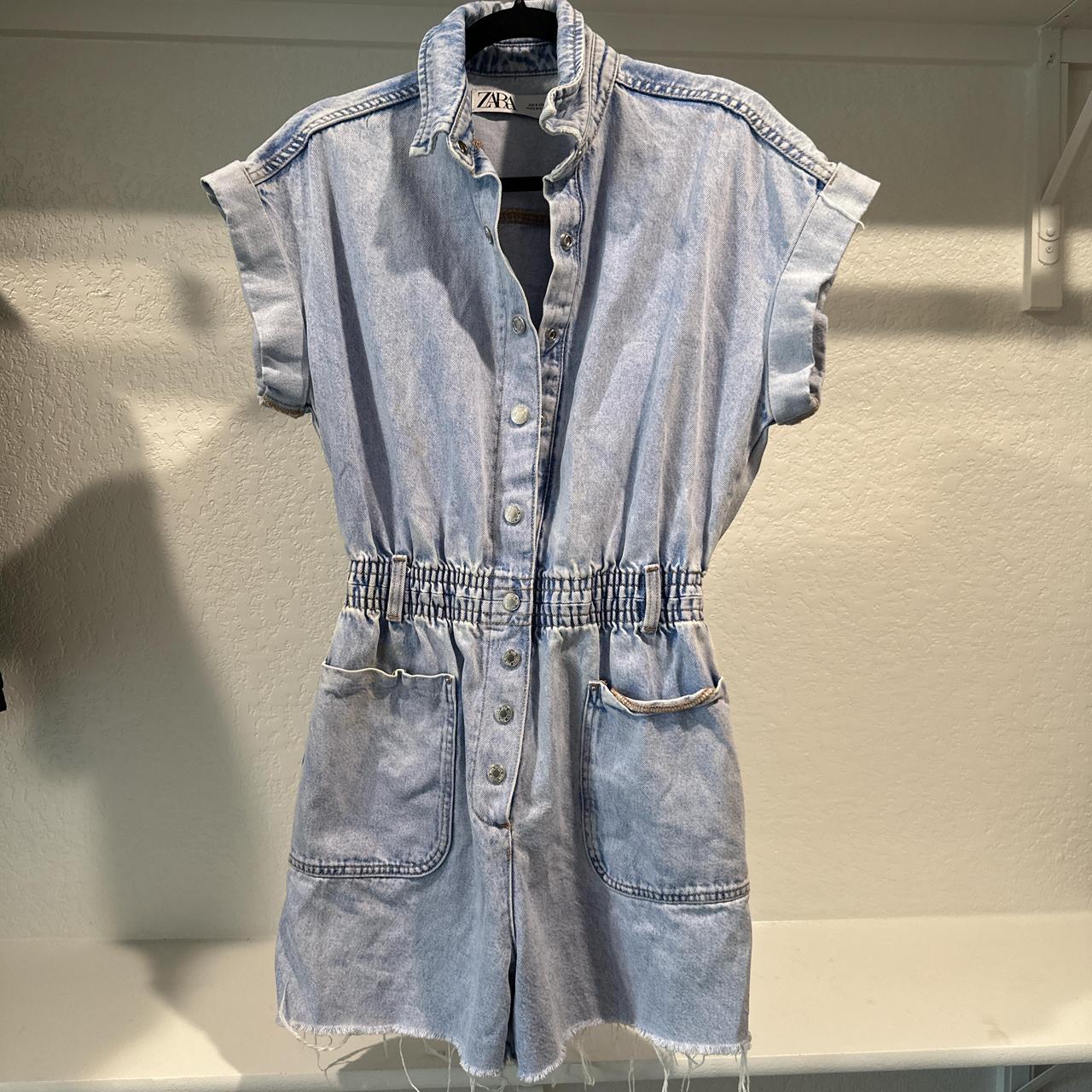 Zara Denim romper / small grass stain in front pocket - Depop
