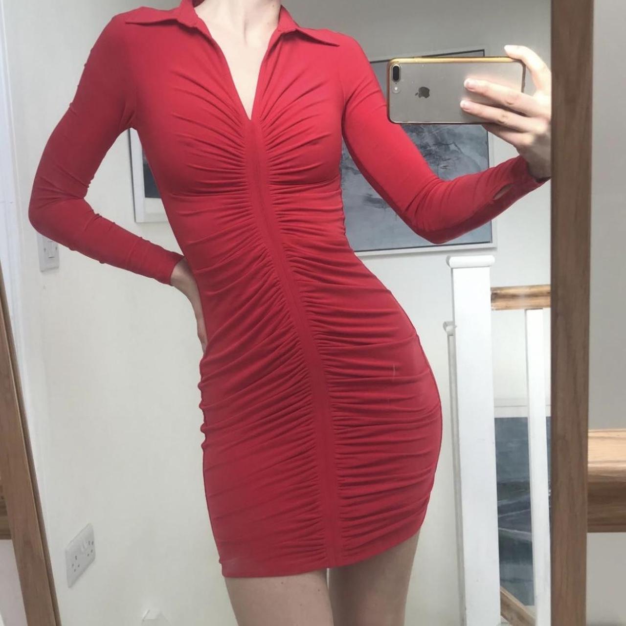 AYM Studio Ruched Muse Dress Mini Red shirt dress... - Depop