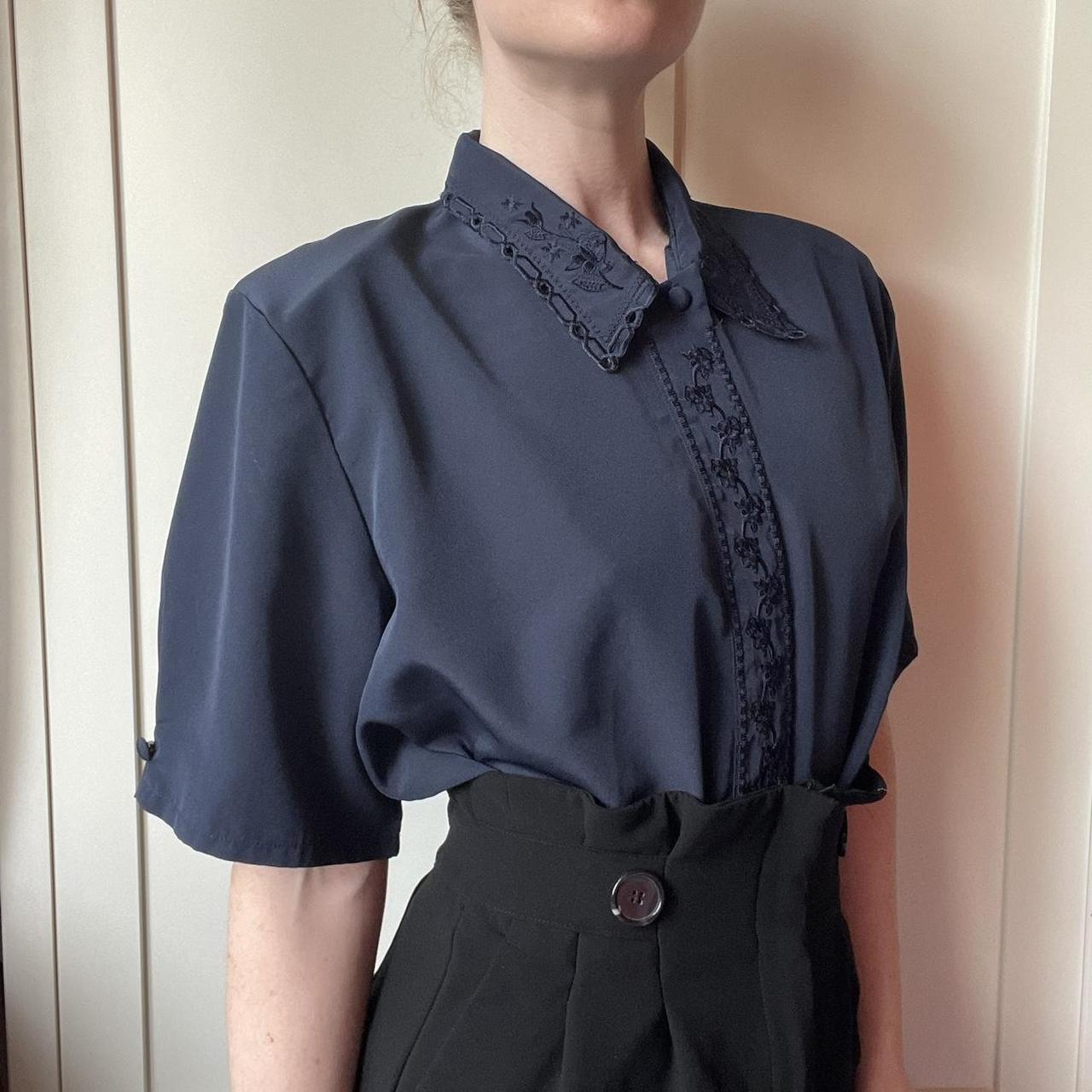 True vintage navy button down blouse with... - Depop