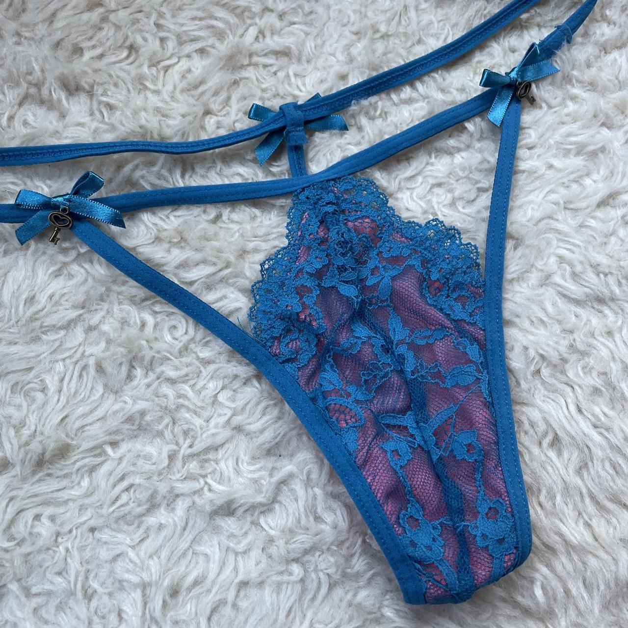 Tanga turquoise lace gstring with bow detail and key... | Depop