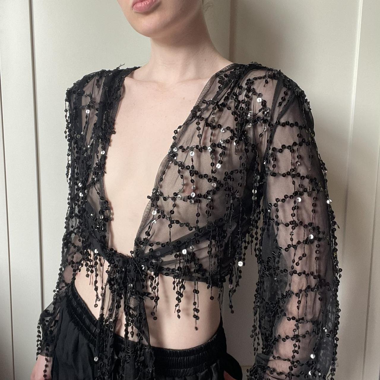 Sheer mesh tie up long sleeved croptop with sequin... - Depop