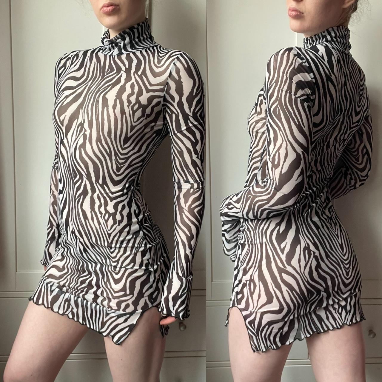 Sheer mesh zebra print turtle neck long sleeved mini... - Depop